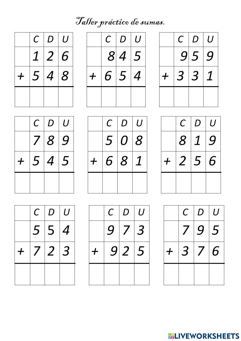 Taller práctico de sumas worksheet | Live Worksheets