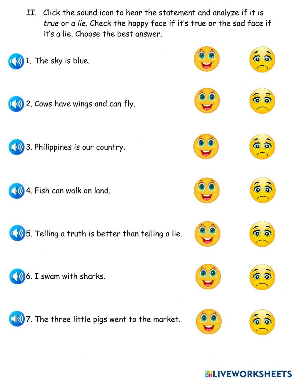 ESP-CL (KINDER) - 4th Qtr. LESSON 1: LYING worksheet | Live Worksheets