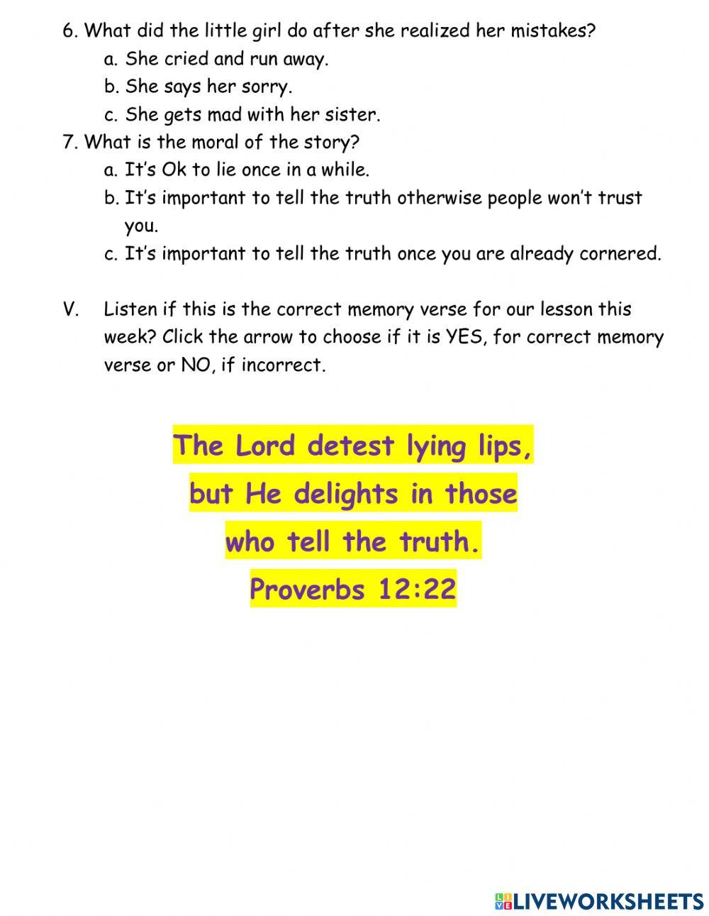 ESP-CL (KINDER) - 4th Qtr. LESSON 1: LYING worksheet | Live Worksheets