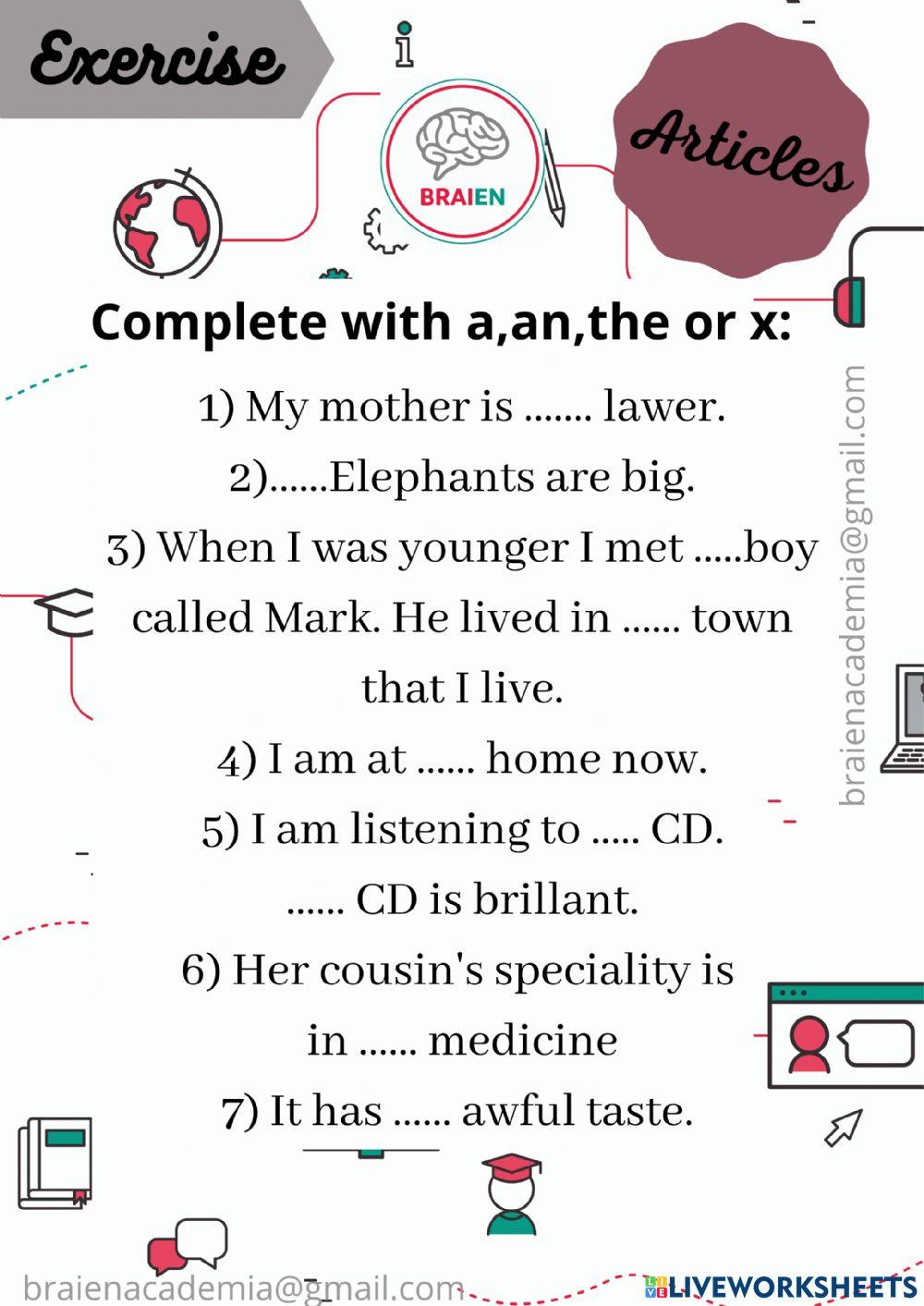 Articles online exercise for Elemental | Live Worksheets