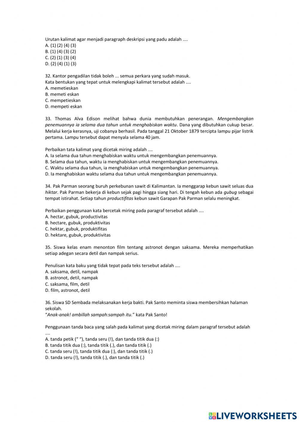 Bahasa Indonesia online pdf worksheet | Live Worksheets