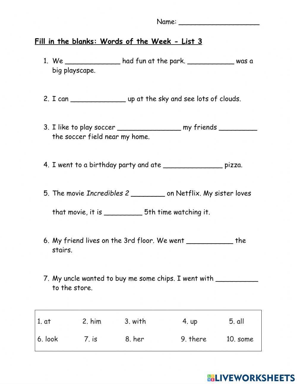 Words of the Week - 10 Words - List 2 - Fill in the Blank worksheet ...