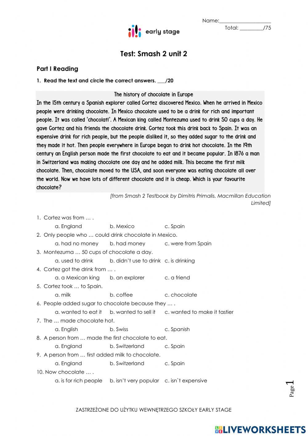 Smash 2 Test Unit 2 online exercise for | Live Worksheets