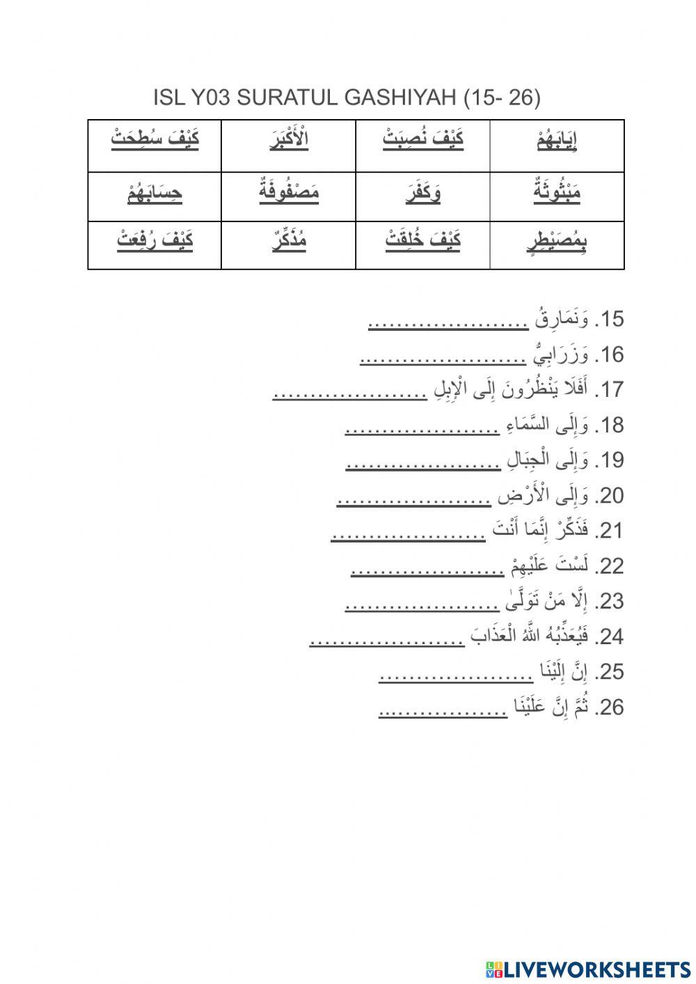 Suratul gashiyah worksheet | Live Worksheets