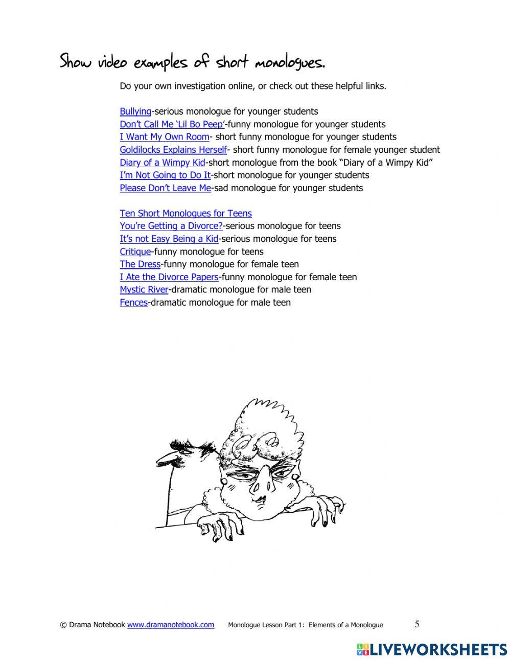 Monologue worksheets, prose or monologue online exercise for | Live ...