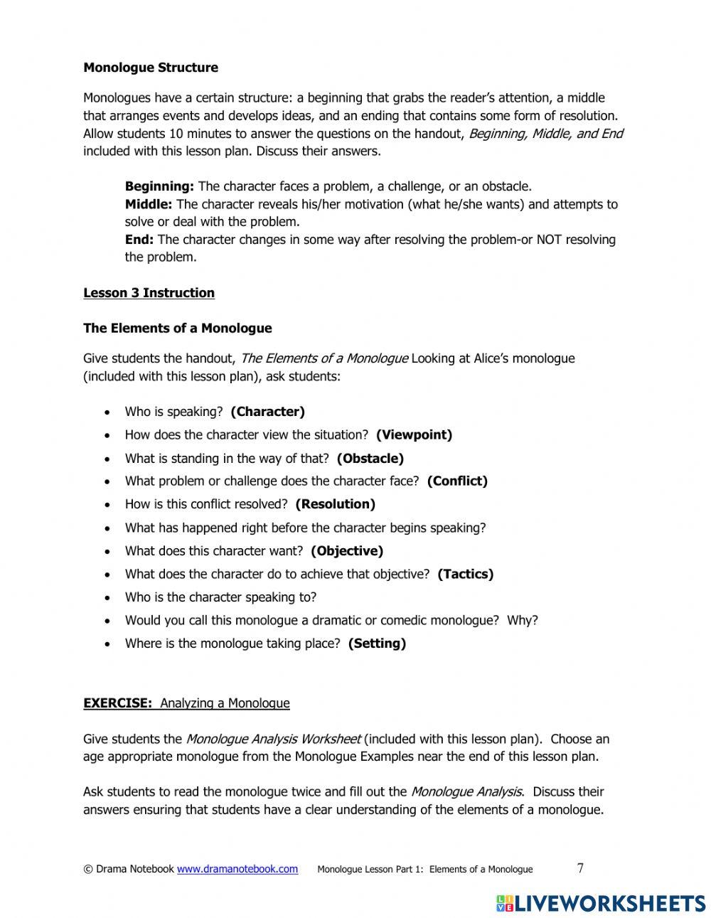 Monologue worksheets, prose or monologue online exercise for | Live ...