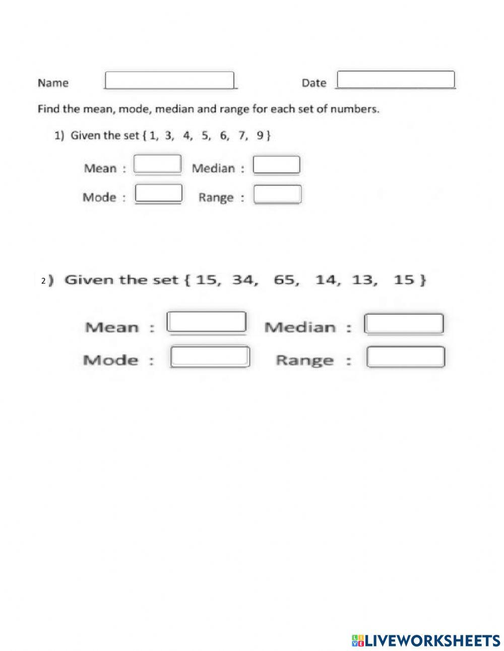 Mean ,mode ,range worksheet | Live Worksheets