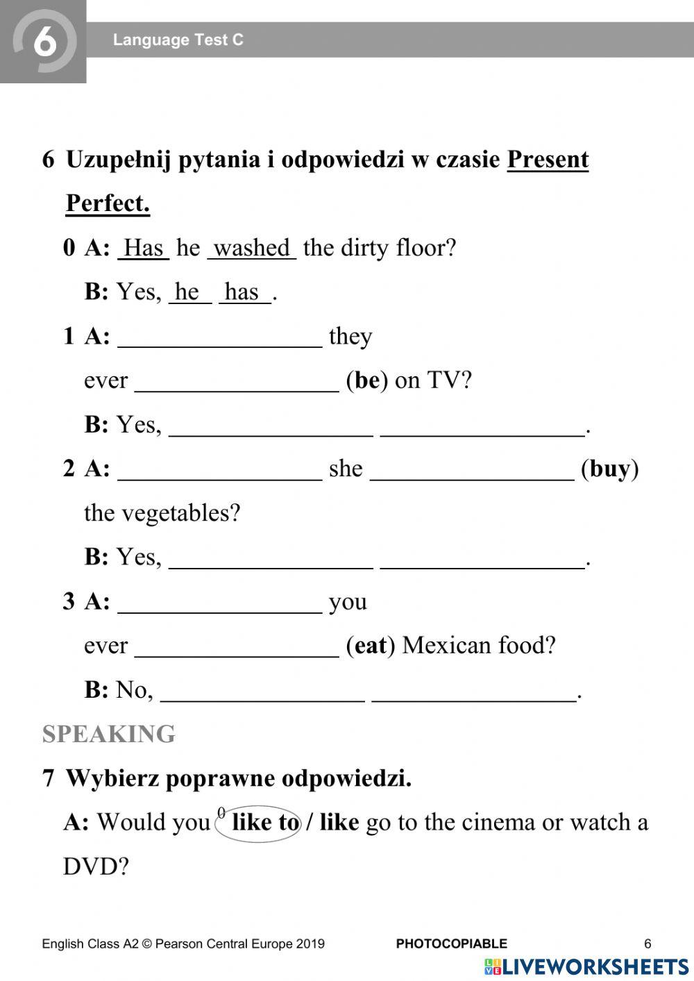 English Class A2 unit 6 test C 6562094 | Joanna Drajewicz