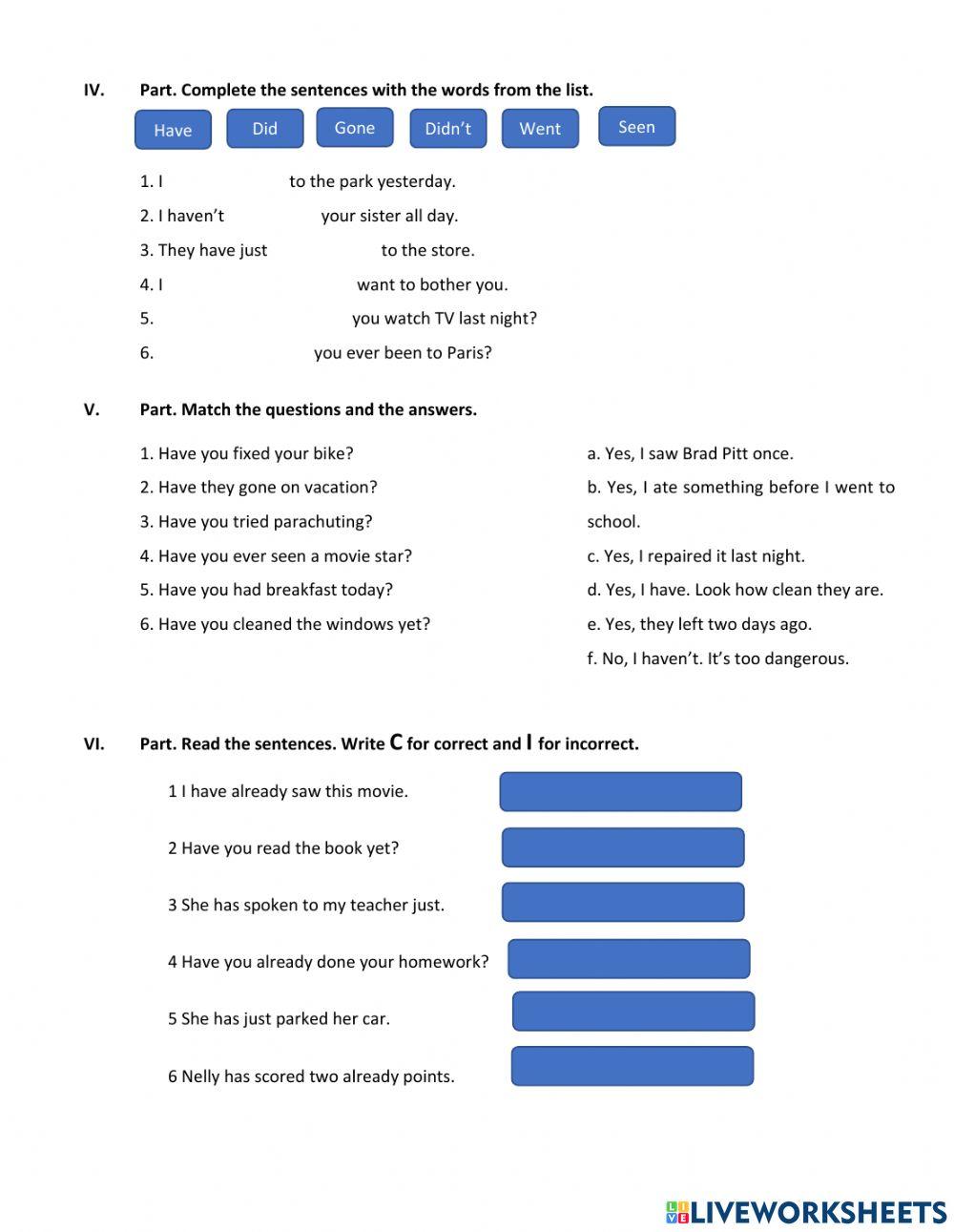 Present Perfect- Past simple interactive worksheet | Live Worksheets