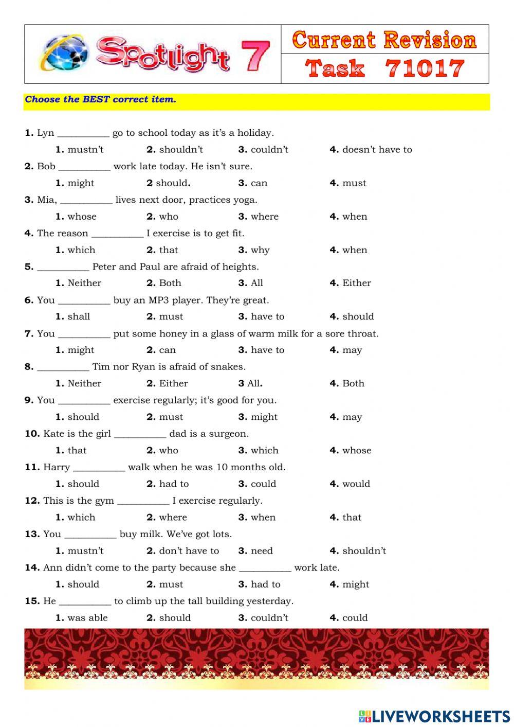 Spotlight 7 Task 71017 worksheet | Live Worksheets