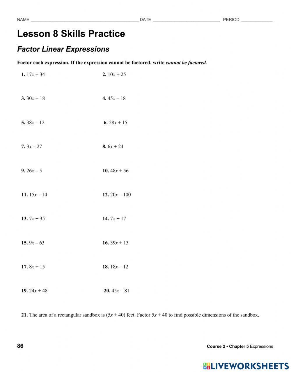 Factoring Linear Equations Worksheet Mastering The Basics Of Algebra 