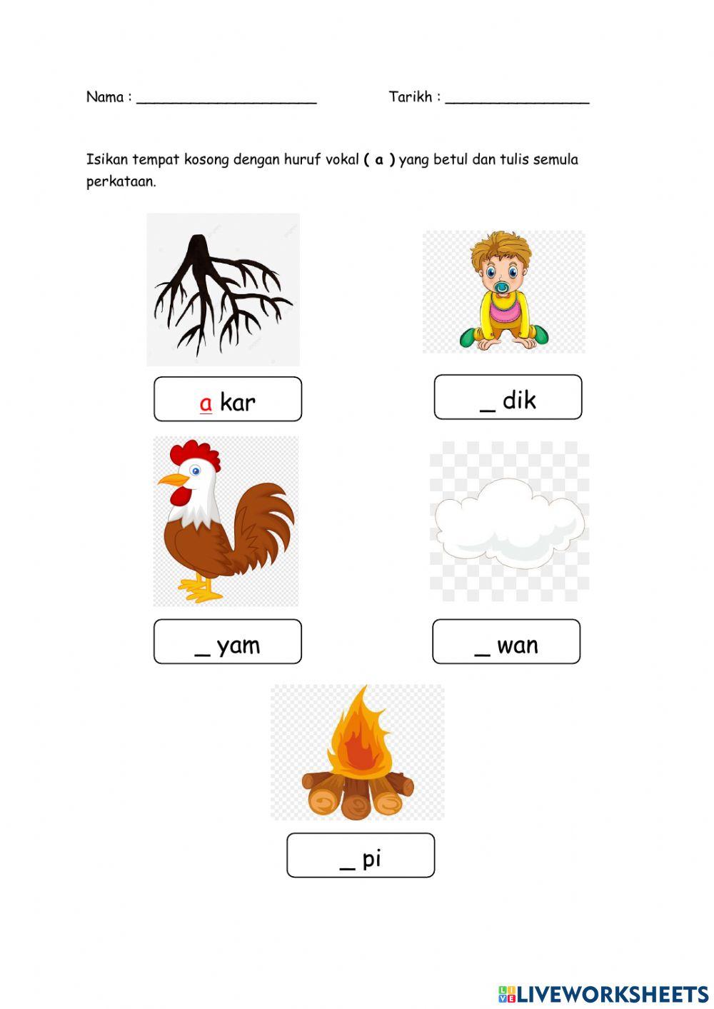 Huruf vokal online pdf worksheet | Live Worksheets