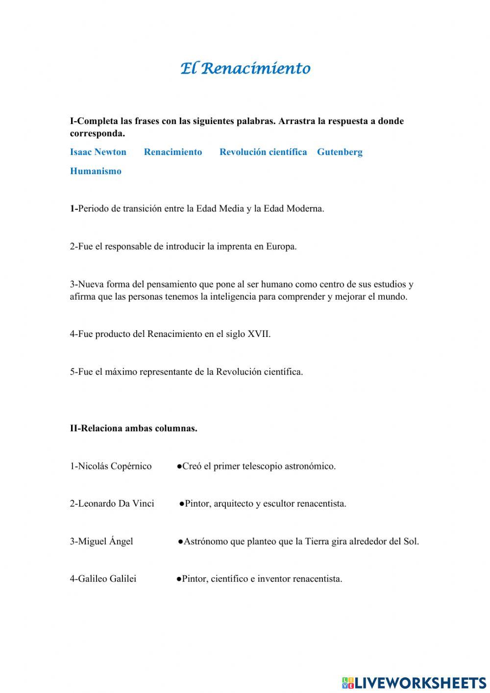 El Renacimiento. online exercise for Primaria | Live Worksheets