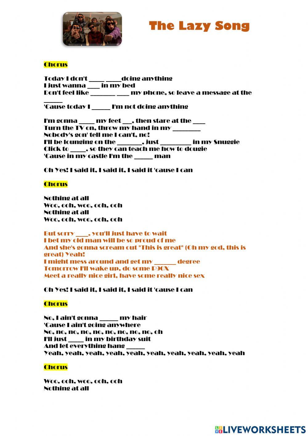 The Lazy Song -… | Free Interactive Worksheets | 949835
