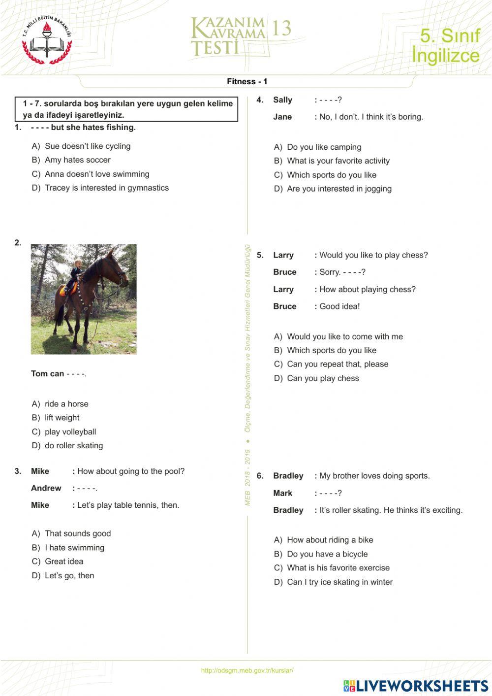 5th Grade Fİtness worksheet | Live Worksheets