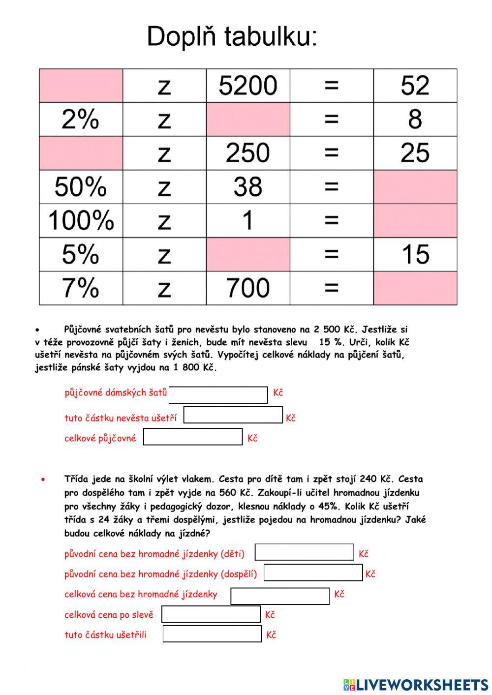 Procenta exercise | Live Worksheets