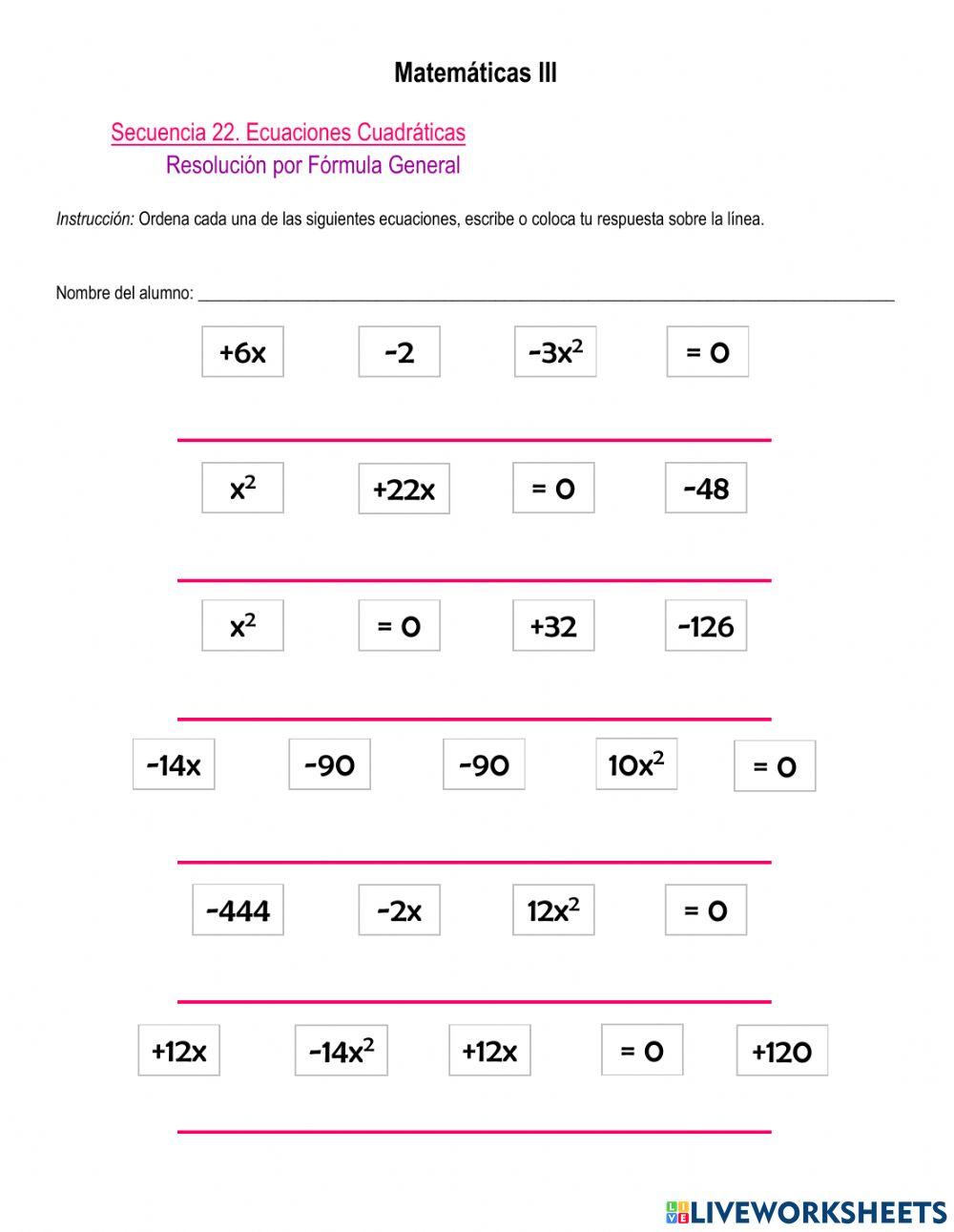 Fórmula general online activity for Tercero Secundaria | Live Worksheets