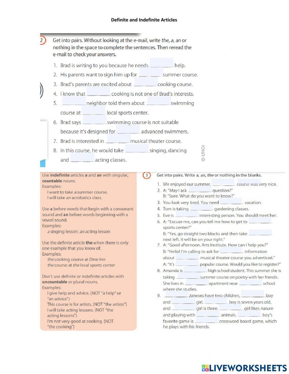 Definite And Indefinite Articles Interactive And 