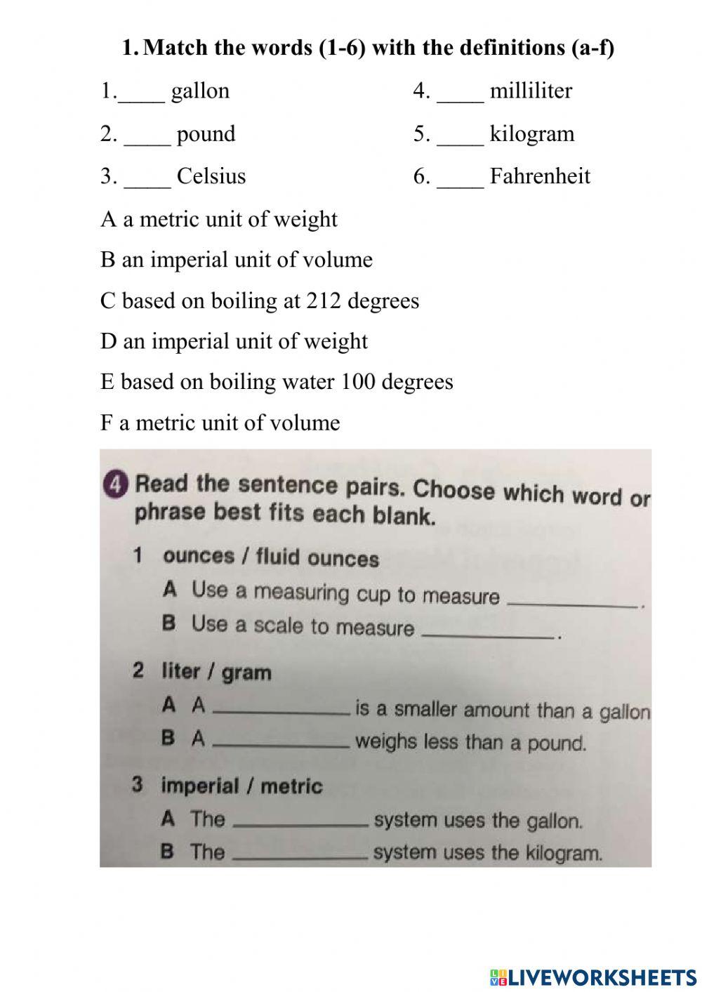 Measurements online activity for 11 | Live Worksheets