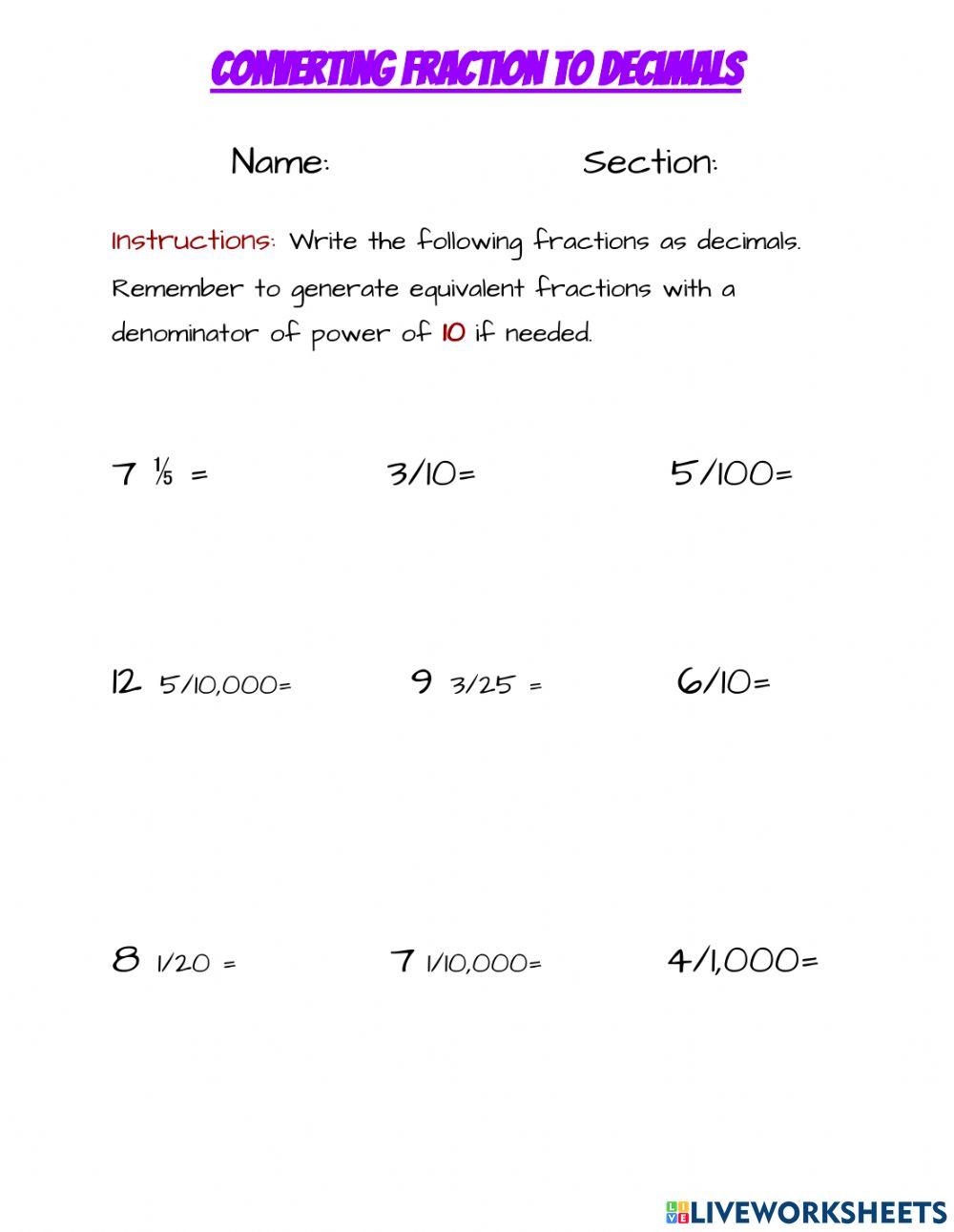 Converting Fractions to Decimals exercise | Live Worksheets
