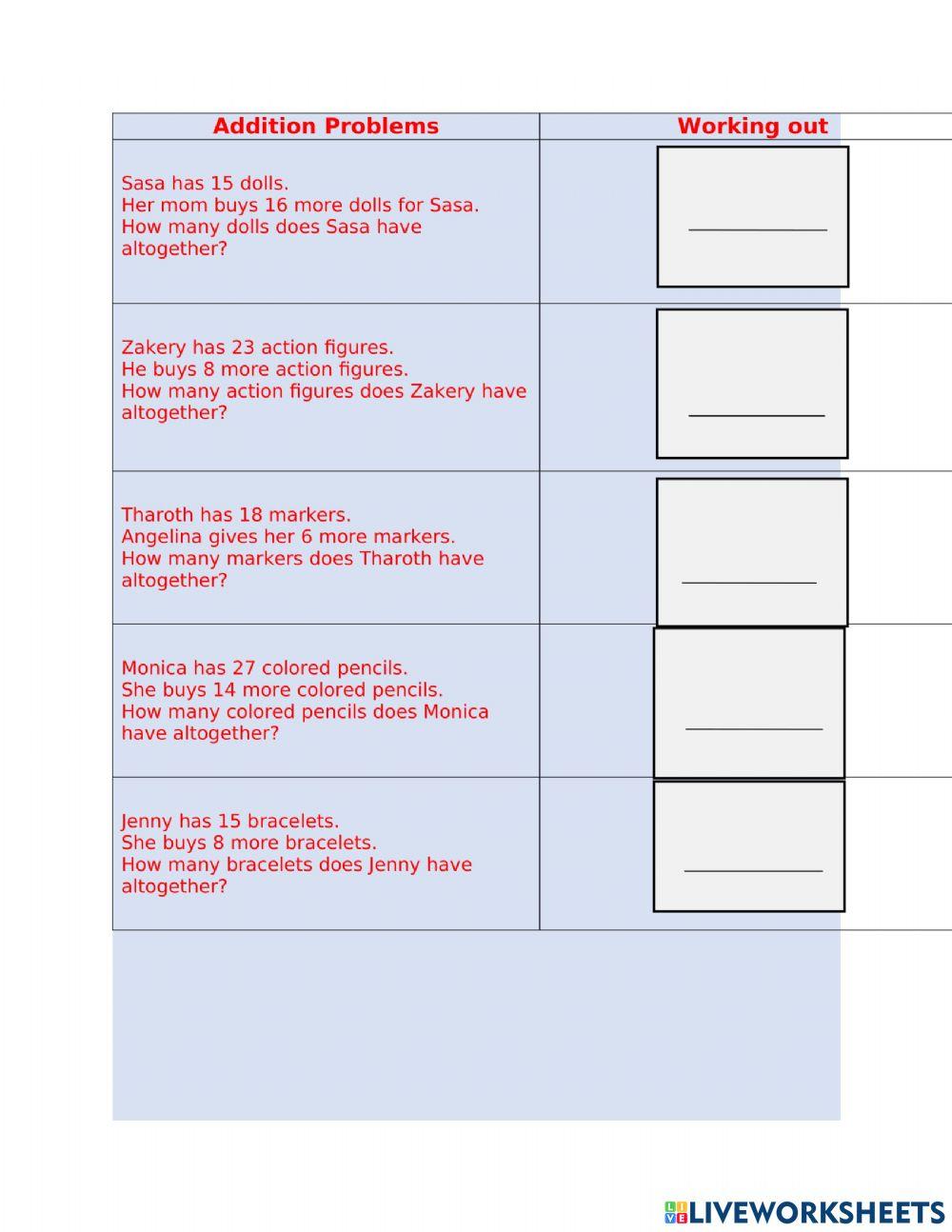 Addition Word Problems Practice worksheet | Live Worksheets