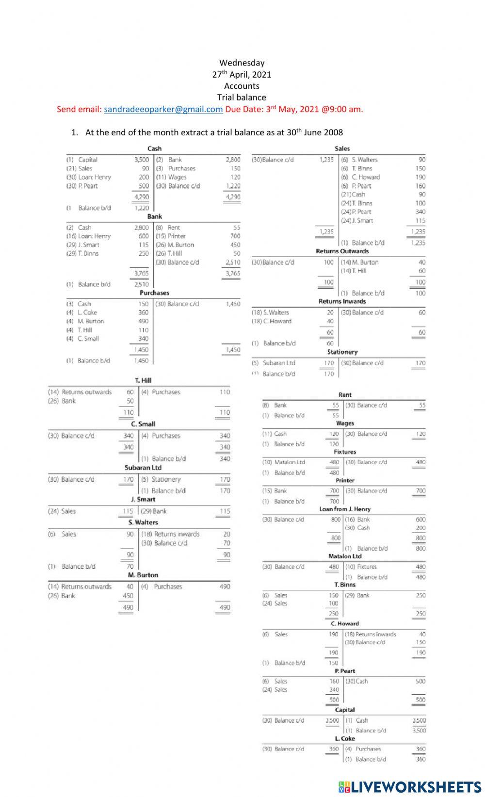 Trial balance online exercise for | Live Worksheets