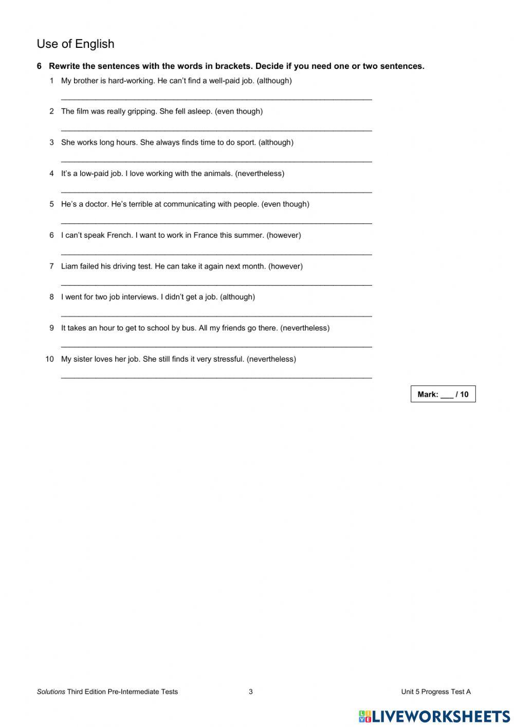 Solution - pre intermediate - Unit 5 online exercise for | Live Worksheets