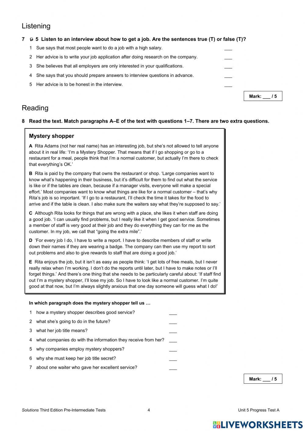 Solution - pre intermediate - Unit 5 online exercise for | Live Worksheets