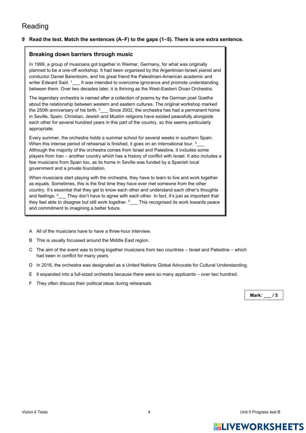 VISION 4 UNIT 5B online exercise for | Live Worksheets