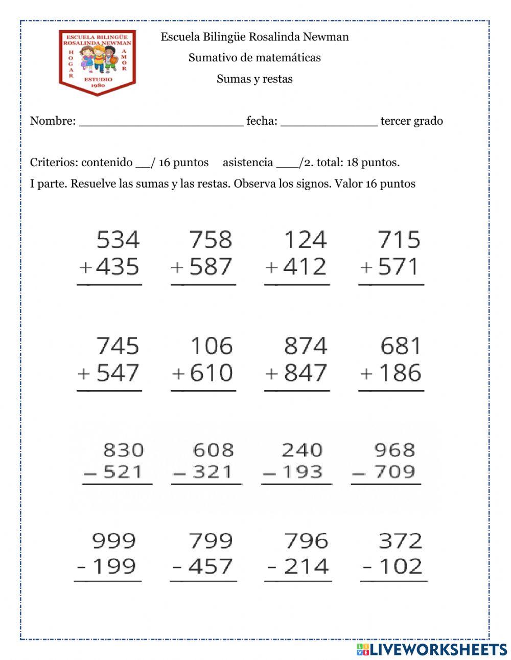 Restas y sumas exercise | Live Worksheets