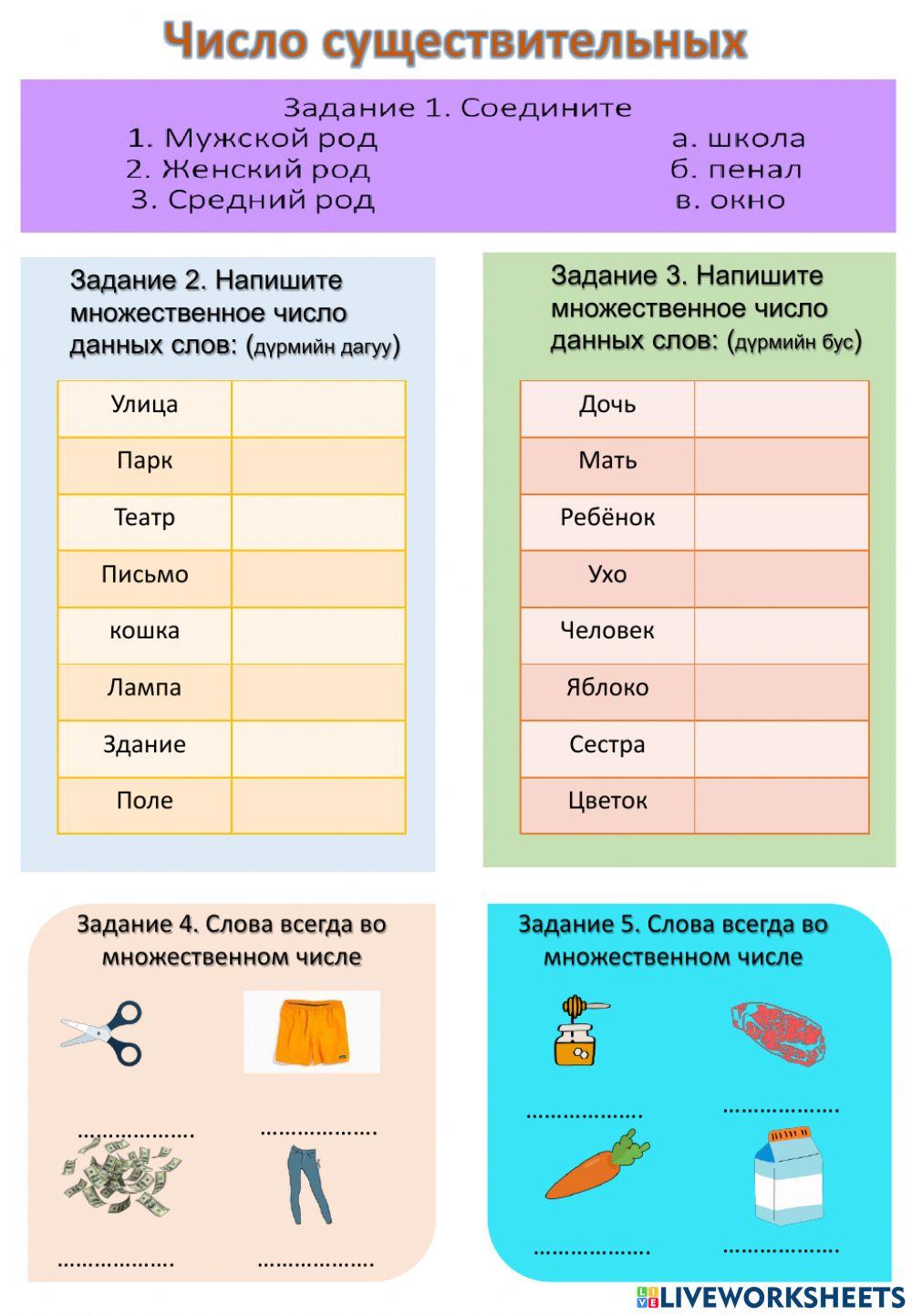 Род и число существительных Worksheet Live Worksheets
