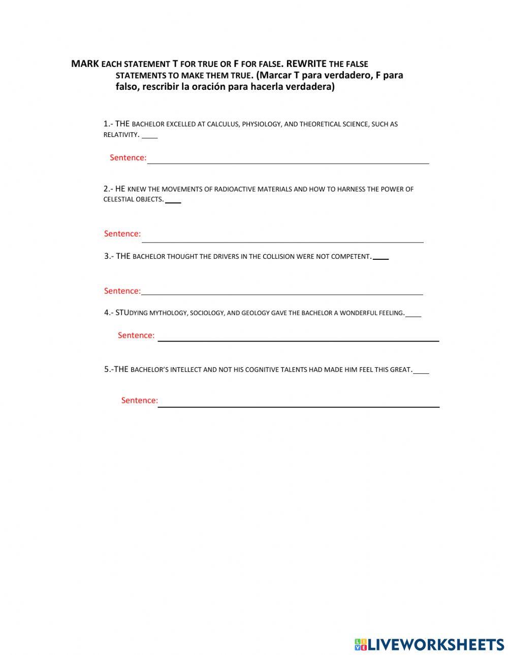 BACHELOR READING online exercise for | Live Worksheets