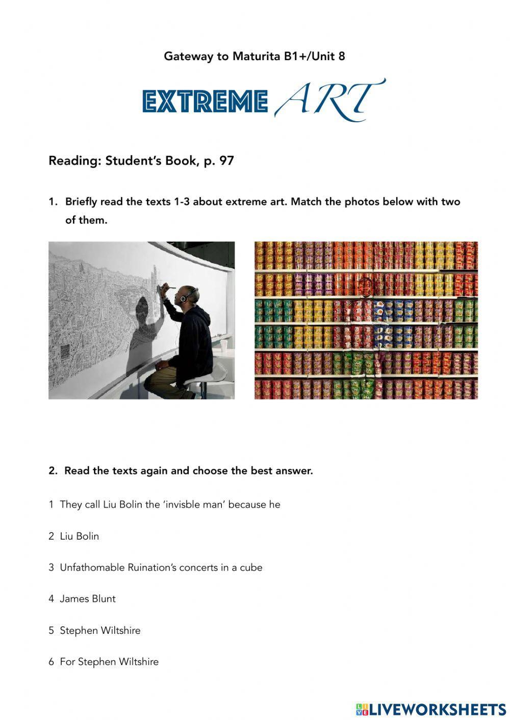 Reading - Extreme Art worksheet | Live Worksheets