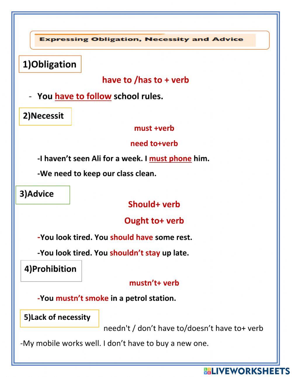 Obligation, necessity and advice worksheet | Live Worksheets