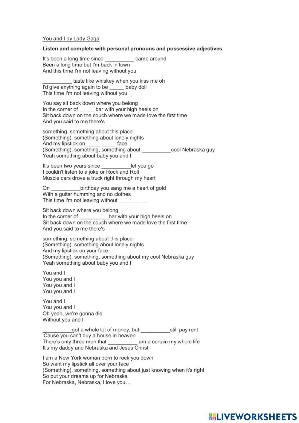 Song - You and I worksheet | Live Worksheets