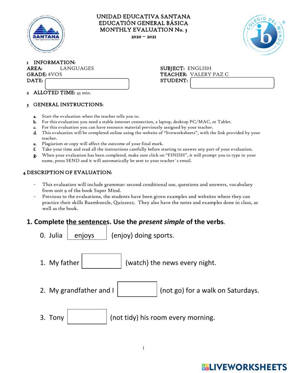 English Evaluat… | Free Interactive Worksheets | 4987721