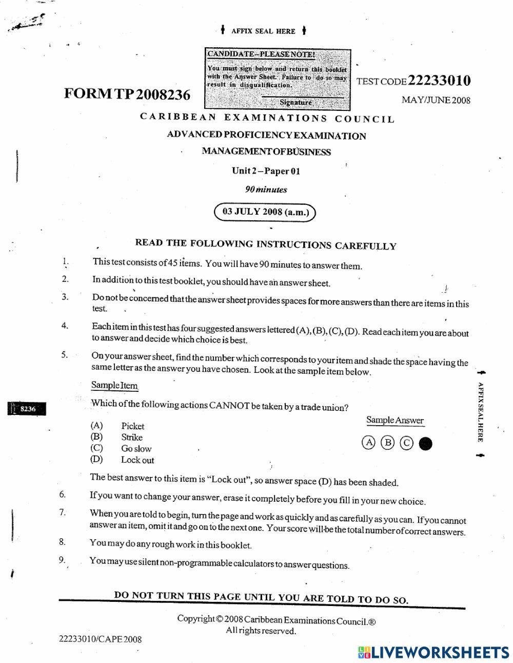 MOB UNIT 2 2008 - PAPER 1 6564927 | Richell Husbands