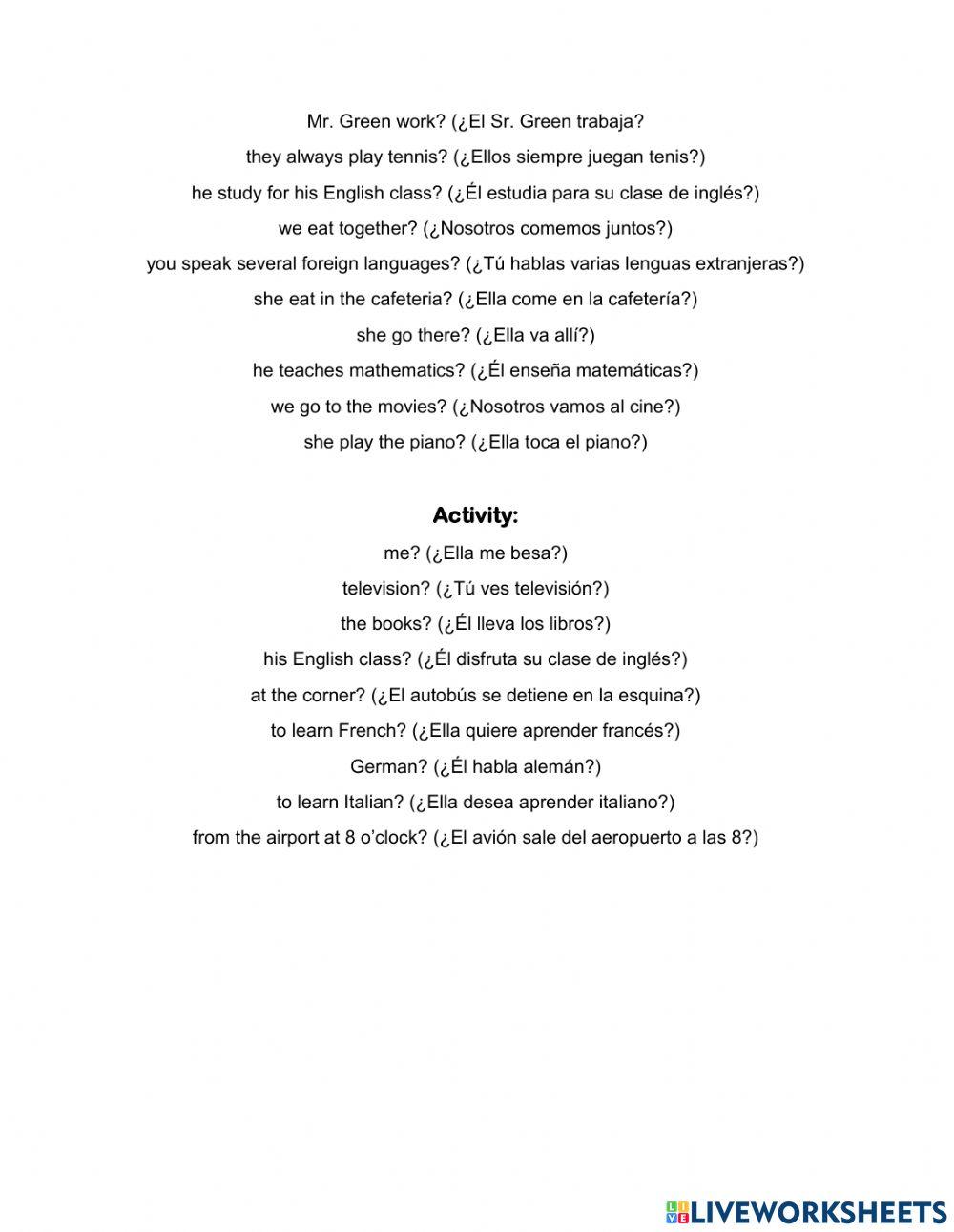 Present simple online exercise for segundo ingles | Live Worksheets