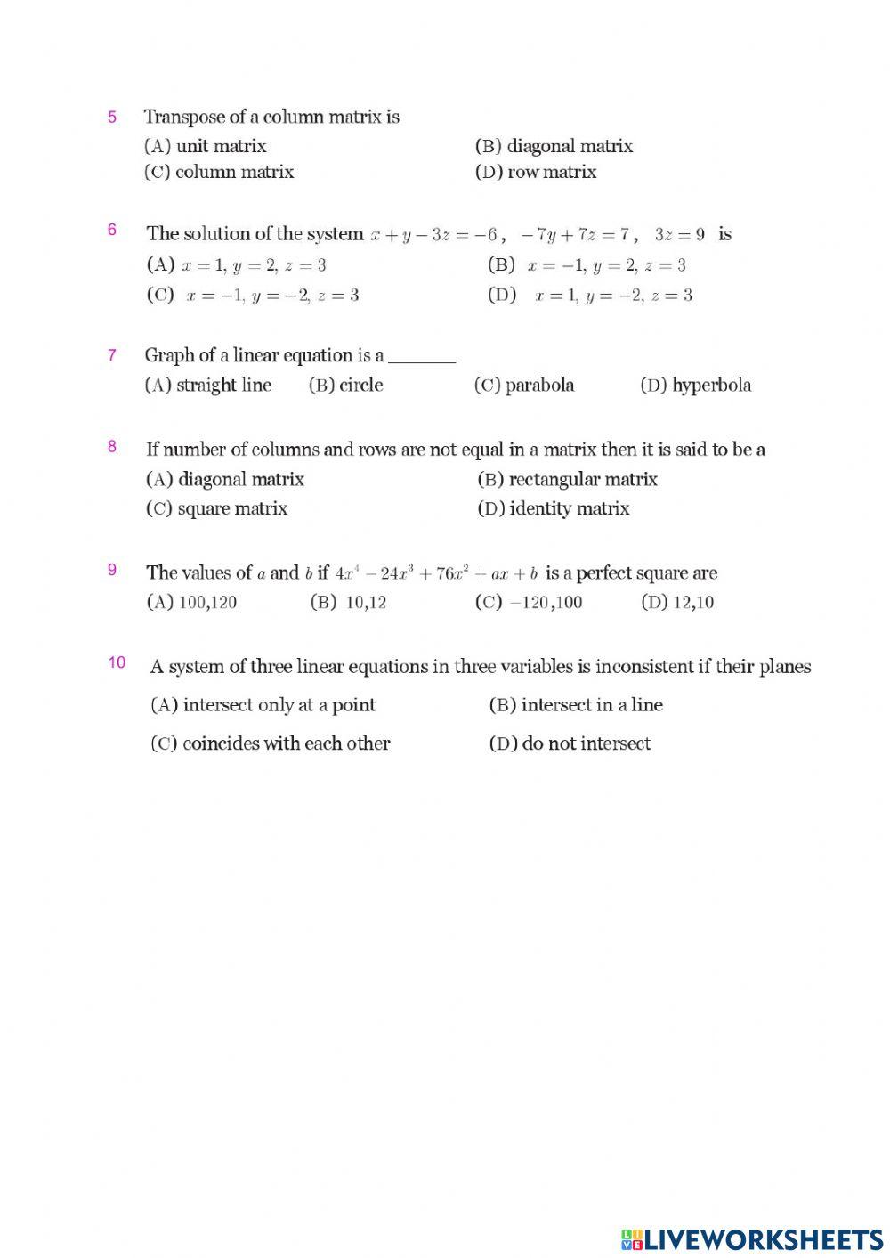Class 10 Maths English Medium Lesson3 Test 1 worksheet | Live Worksheets