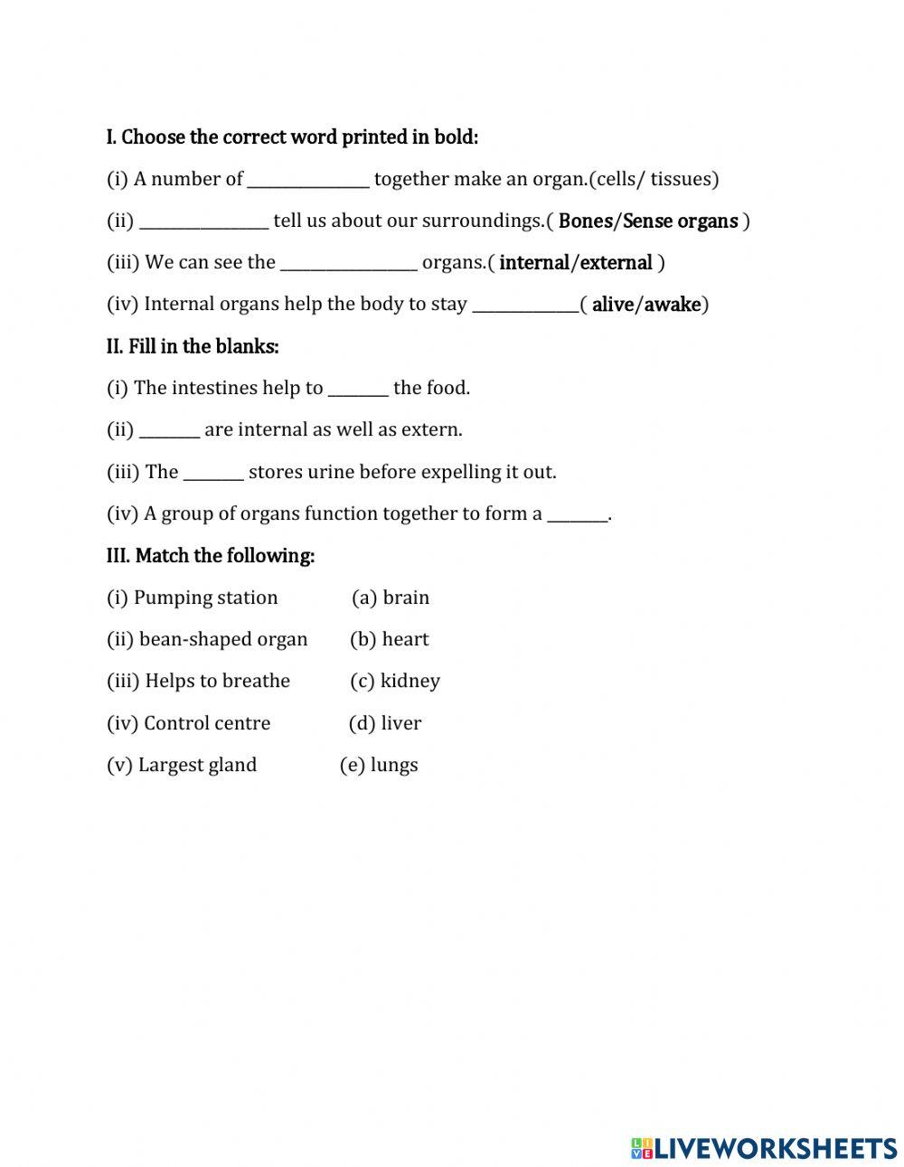Science worksheet-Internal and external organs 2 online exercise for ...