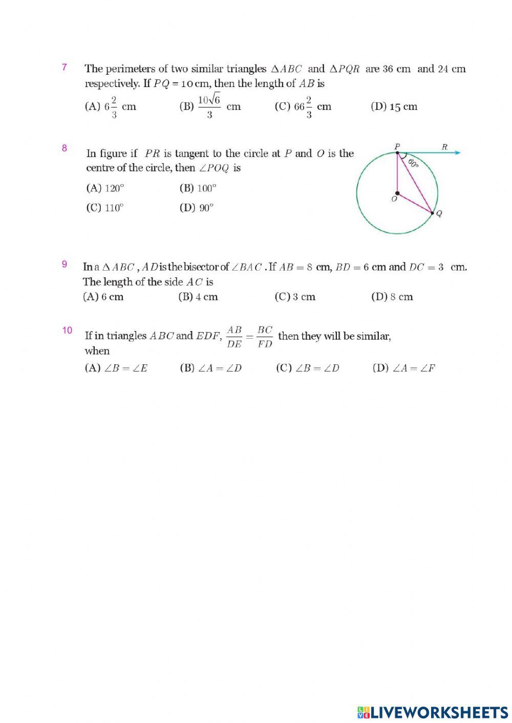 Class 10 Maths English Medium Lesson4 Test1 worksheet | Live Worksheets