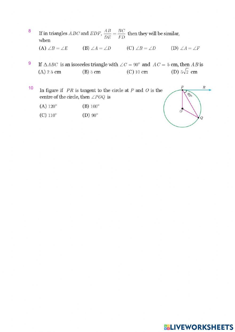 Class 10 Maths English Medium Lesson4 Test2 worksheet | Live Worksheets