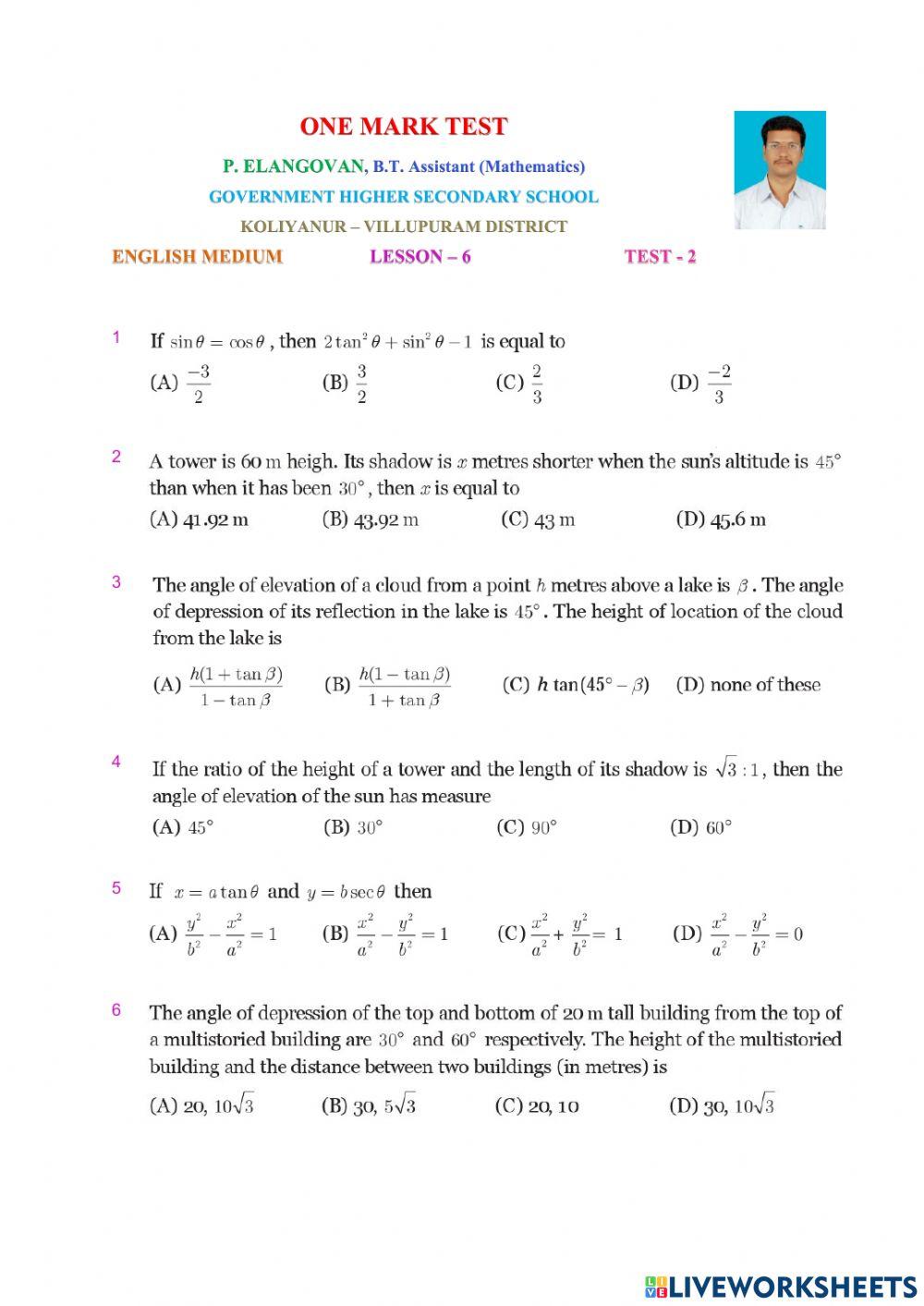 Class 10 Maths English Medium Lesson6 Test2 worksheet | Live Worksheets