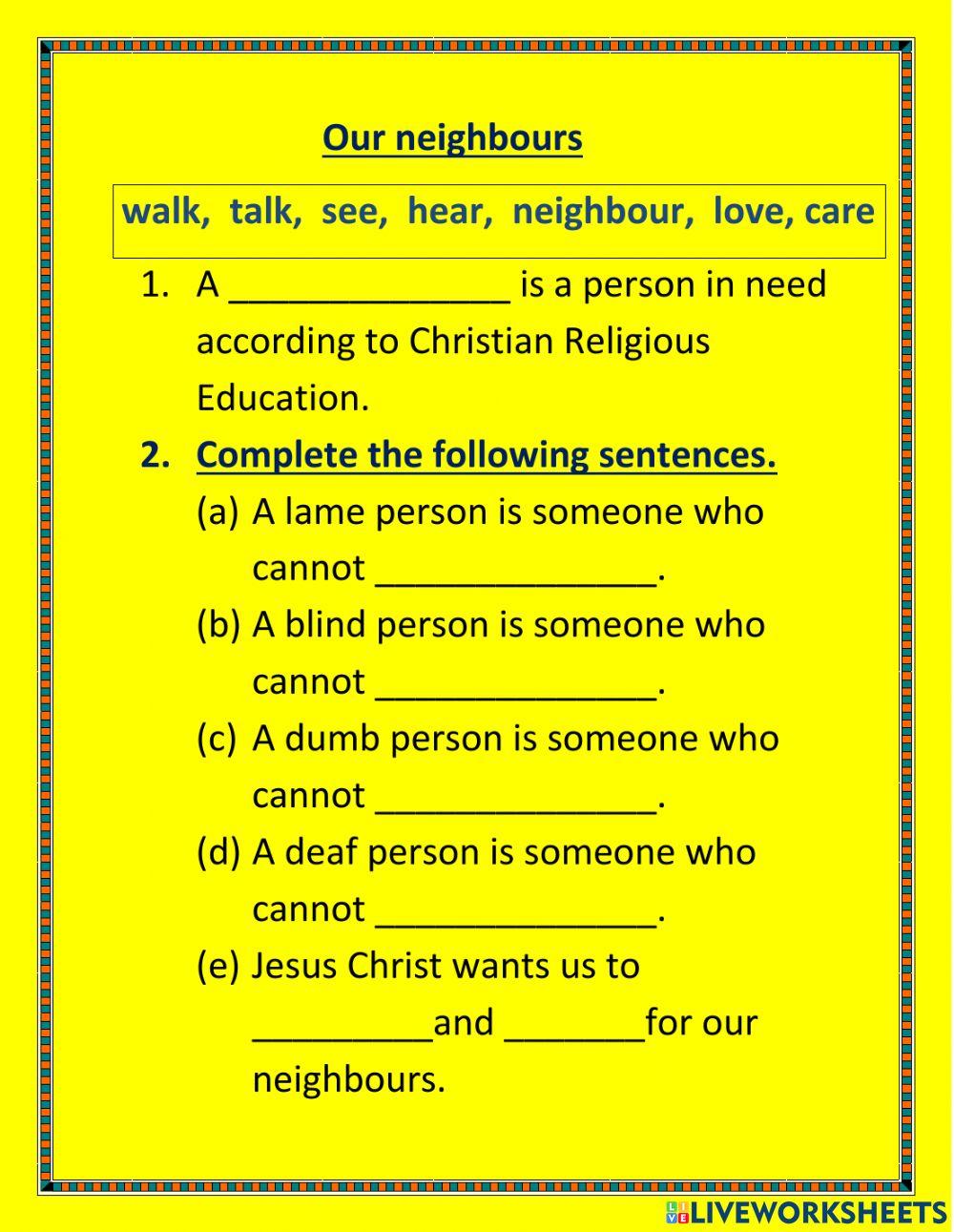 Our neighbour worksheet | Live Worksheets