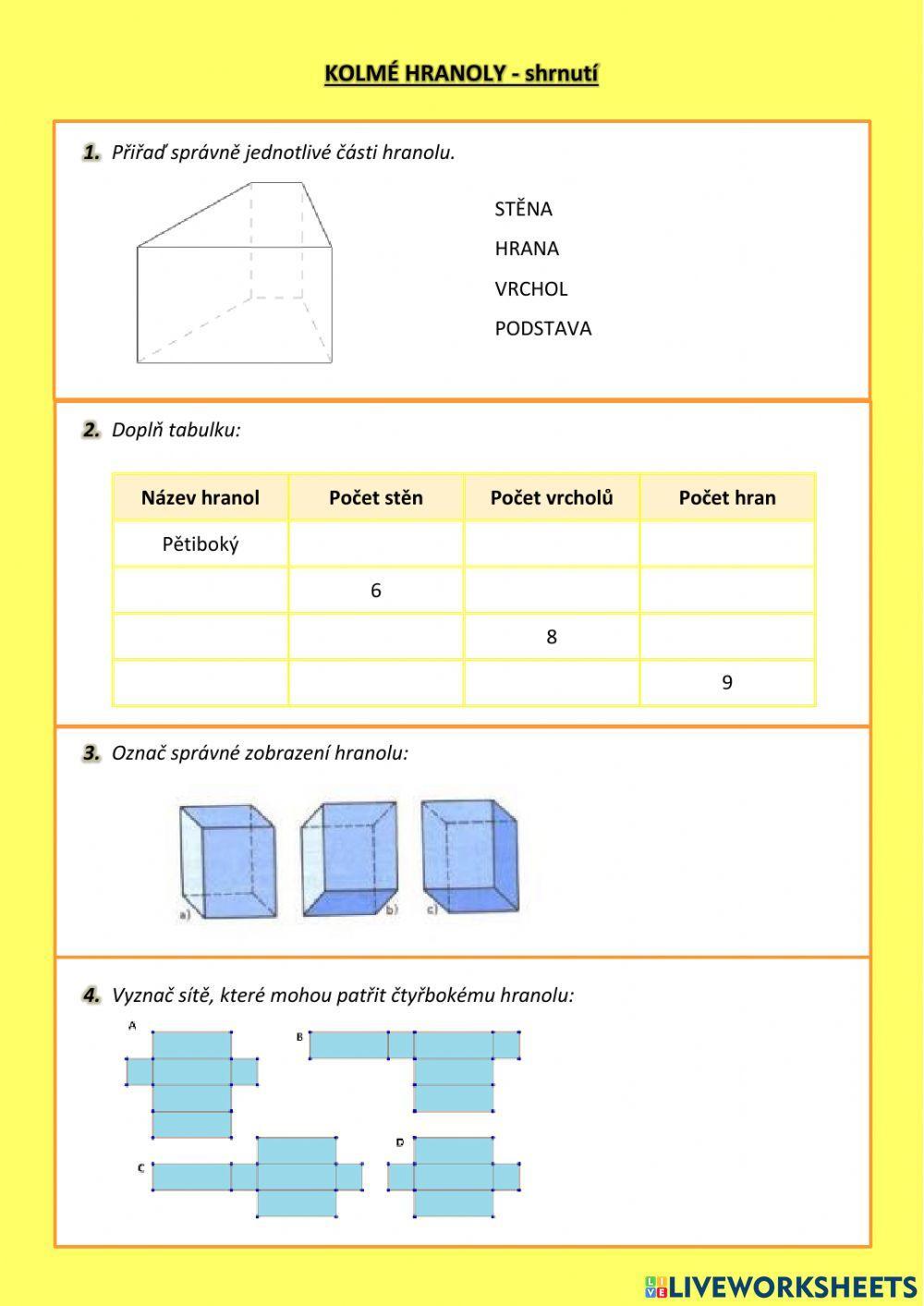 Kolmé hranoly -… | Free Interactive Worksheets | 958067