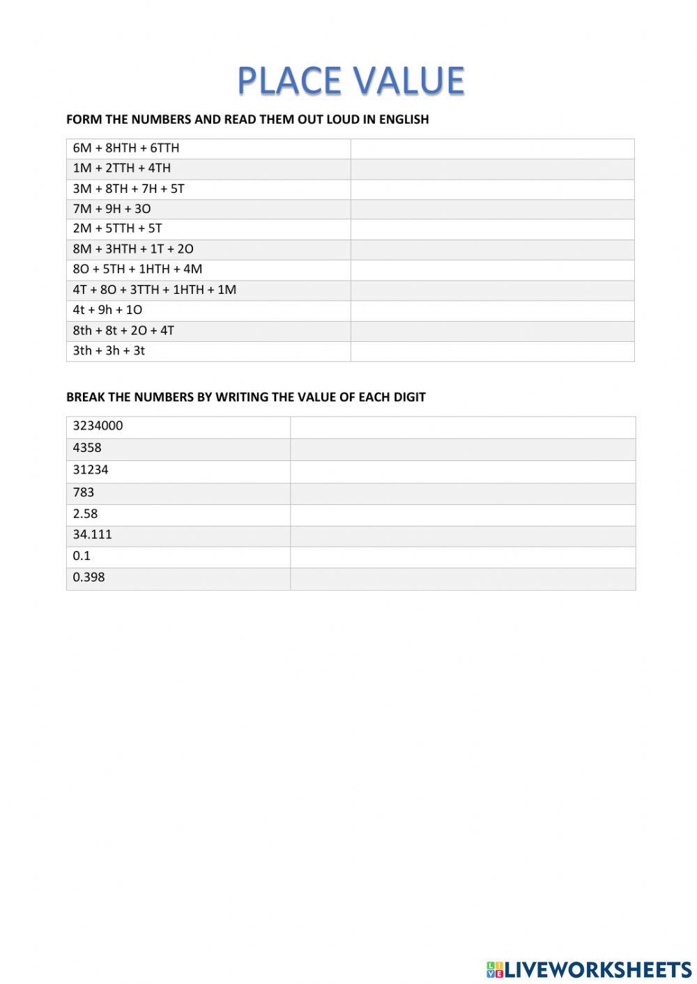 Place value online exercise for pre-intermediate | Live Worksheets
