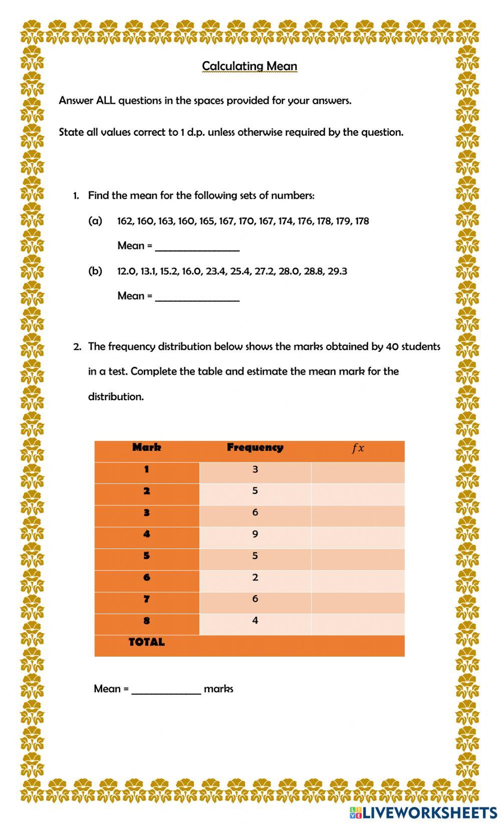 Calculating Mean | Free Interactive Worksheets | 959249