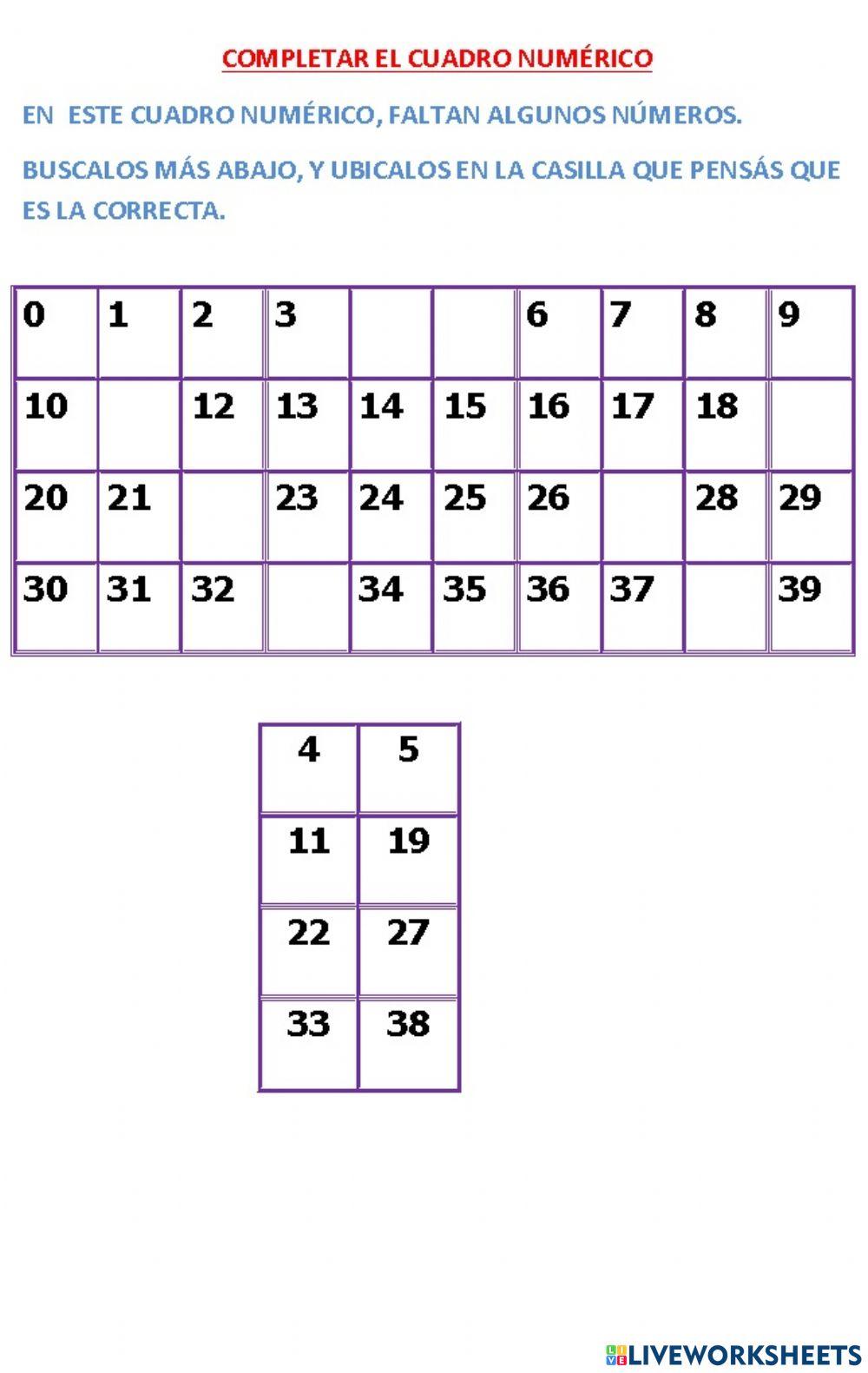 Cuadro de números online activity | Live Worksheets