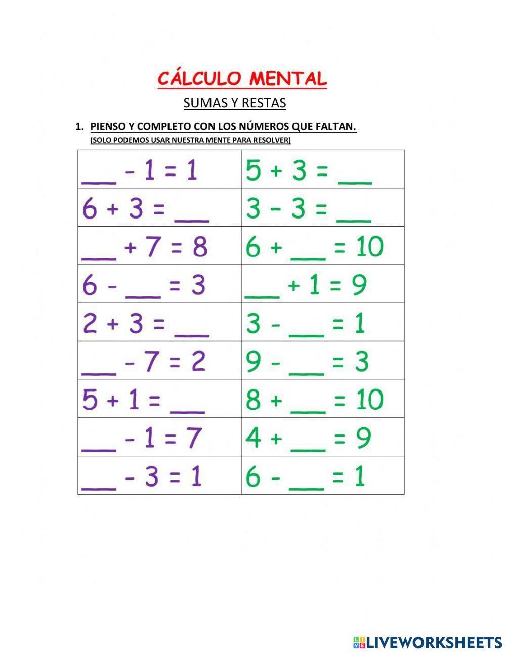 Cálculos mentales worksheet | Live Worksheets