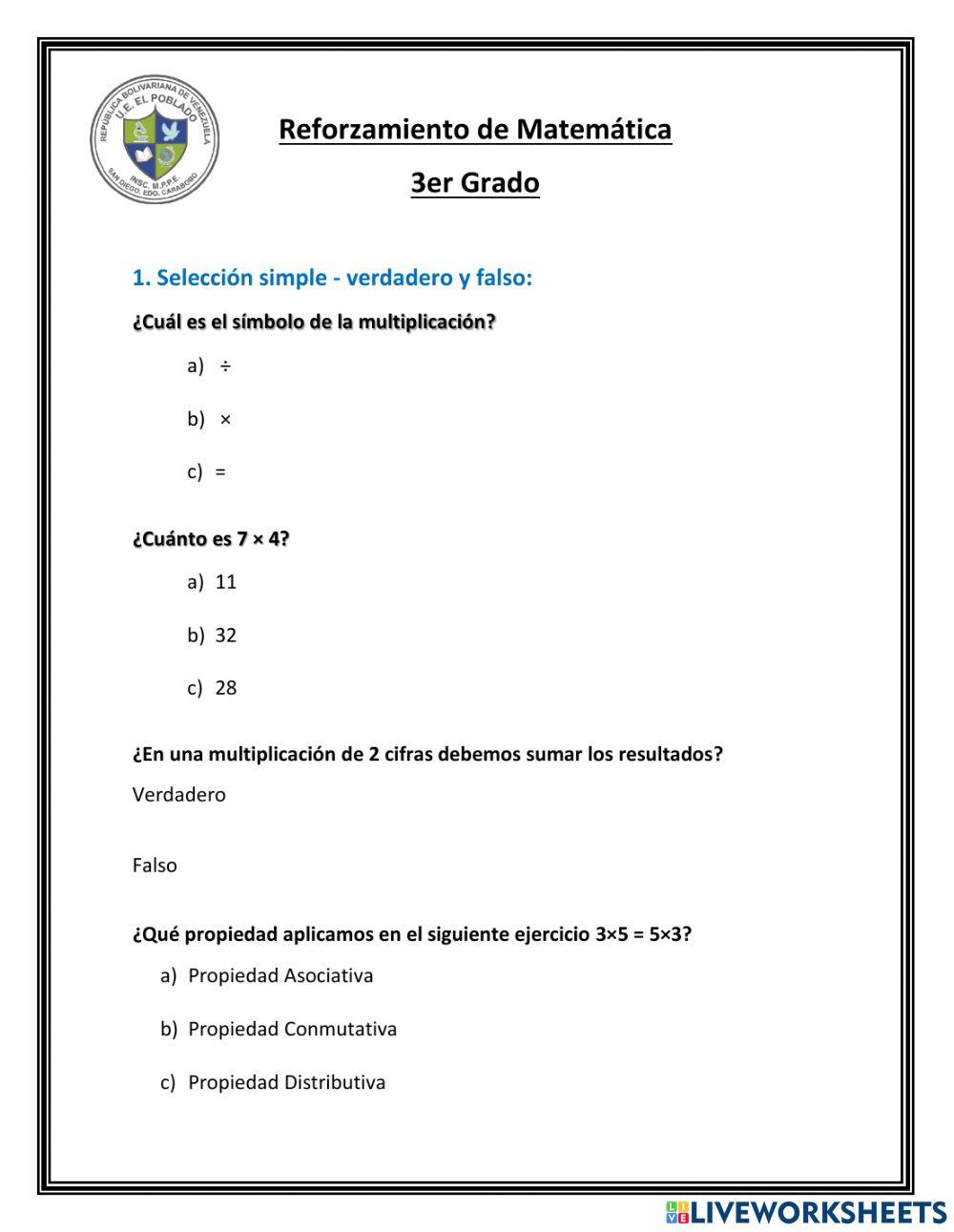 Refuerzo multiplicación 3er grado worksheet | Live Worksheets